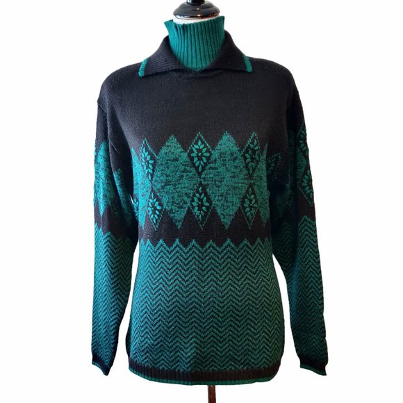 NILS | Sweaters | Vintage Nils Womens Black Green Fair Isle Wool Blend ...
